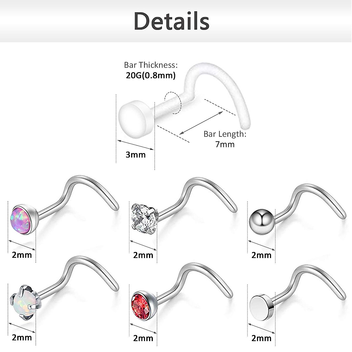 ZS 30 Pieces Cubic Zircon Nose Bone Studs 20 Gauge Stainless Steel Opal Nose Piercing Studs Clear Bioflex Nose Rings for Body Jewelry