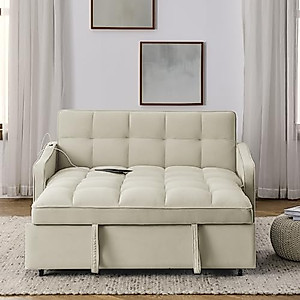 Upholstered Futon Loveseat Sofa Convertible to Sleeper Sofá Bed,Adjsutable Love Seat Chaise Lounge Couch Chair,Sofacama with Two Arm Pocket,Type C,USB Charging and Copper Nail for RV/Living Room
