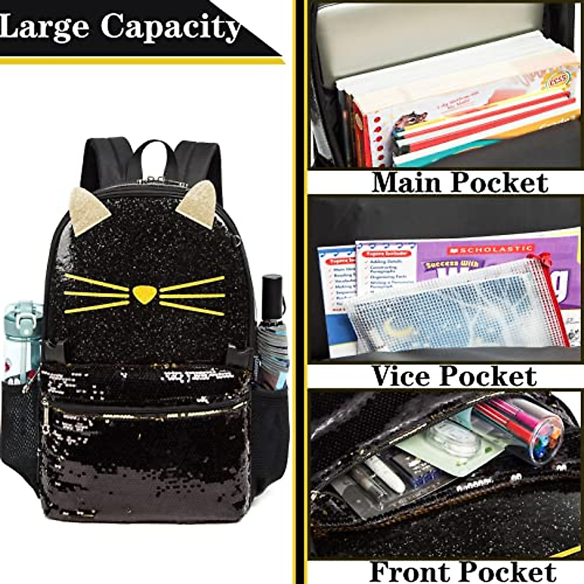 Meetbelify Backpack for Girls Backpacks Kids Sequin Bookbag for Elementary Preschool Student Laptop Bag with Lunch Box 16inch Cat
