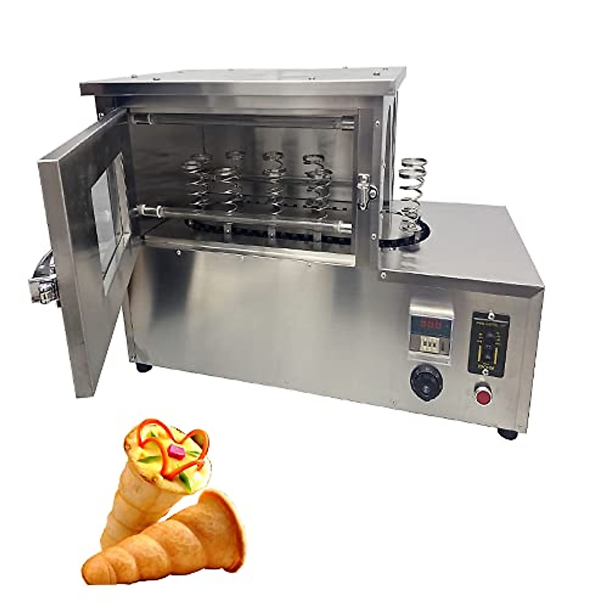 EQCOTWEA 1800W Commercial Electric Rotational Pizza Cone Oven with 12pcs Stainless Steel Cone Bases 110V Ajustable Temperature with Removable Tray for Use with Pizza Cone Forming Machine