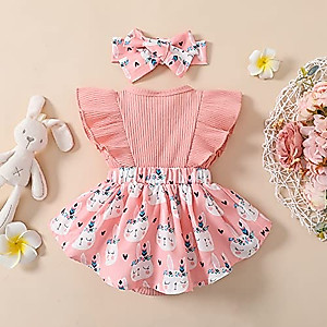 Tsnbre Easter Outfit Baby Girl Romper Fly Sleeve Ribbed Romper with Bunny Print Skirt 0 3 6 12 18 Newborn Clothes (Pink , 12-18 Months )