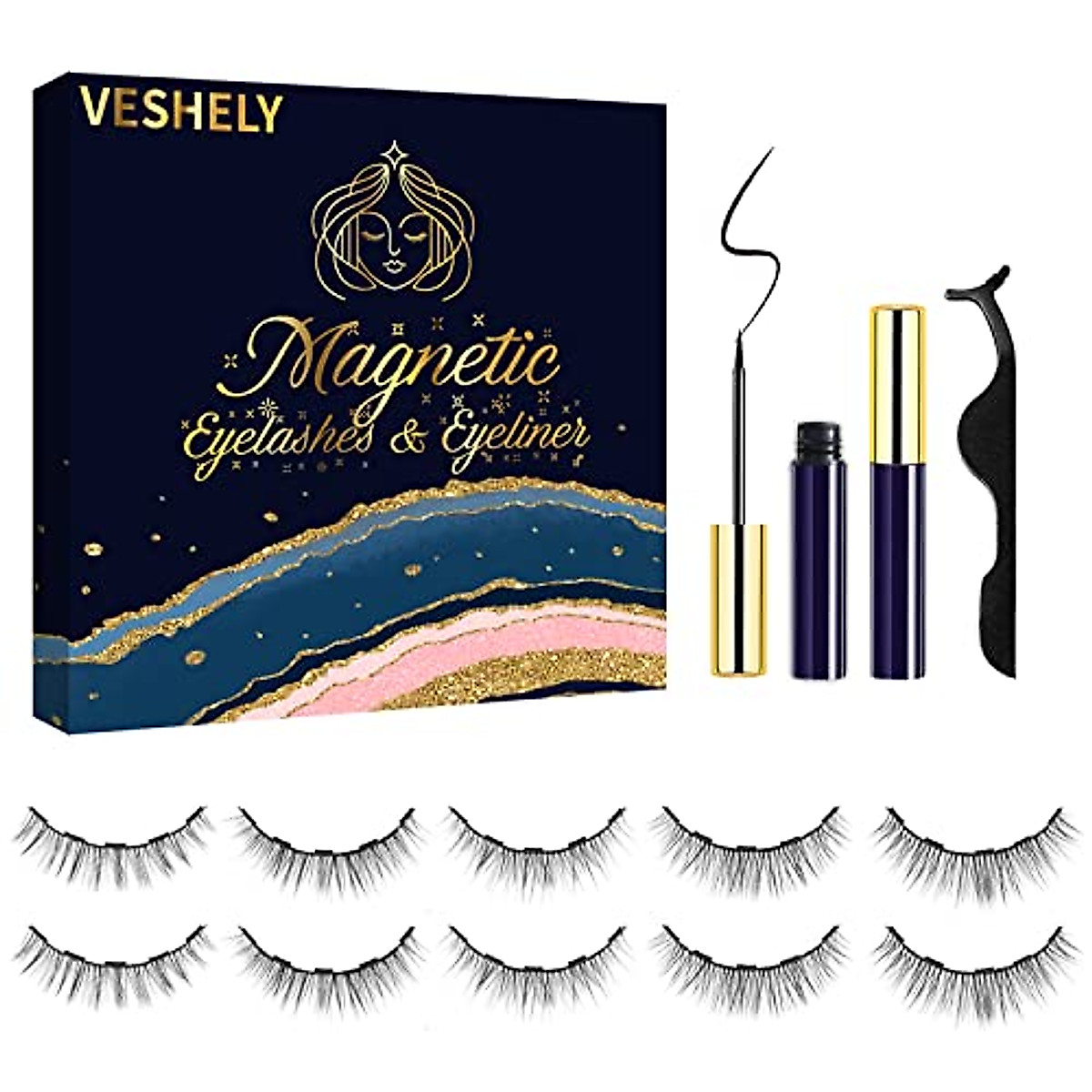 VESHELY Natural Magnetic Eyelashes with Eyeliner Kit,5 Pairs Short Small Magnetic Eyelashes Natural Look and 2 Tubes Magnetic Eyeliner Waterproof,3D False Fake Lashes Magnetic Reusable-No Glue Needed