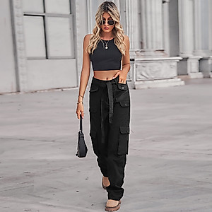 CRAZY ROSA Casual Cargo Pants Women Parachute Y2K Hiking Work Tactical Military Baggy High Waist Belt 6 Pockets Relaxed Fit Black XXL