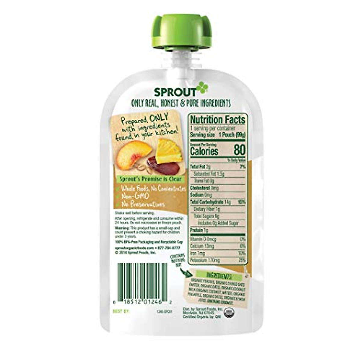 Sprout Organic Stage 2 Baby Food Pouches, Peach Oatmeal w/ Coconut Milk & Pineapple, 3.5 Ounce (Pack of 6)