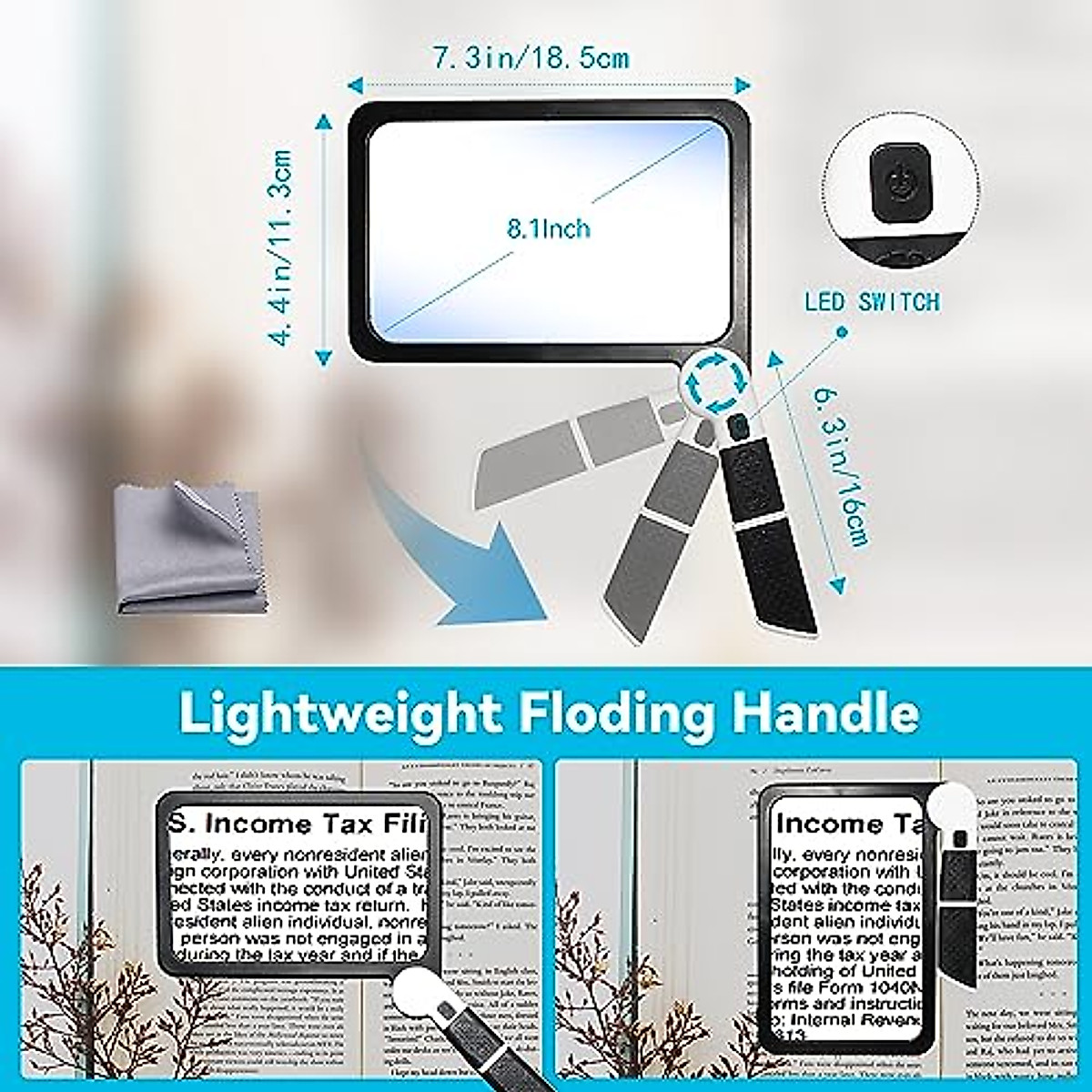 5X Magnifying Glass for Reading, Full-Page Large Rectangle Lighted Magnifier with Dimmable 48 LED Light, Folding Handheld Magnifiers Gifts for Macular Degeneration Seniors Reading Newspaper, Books