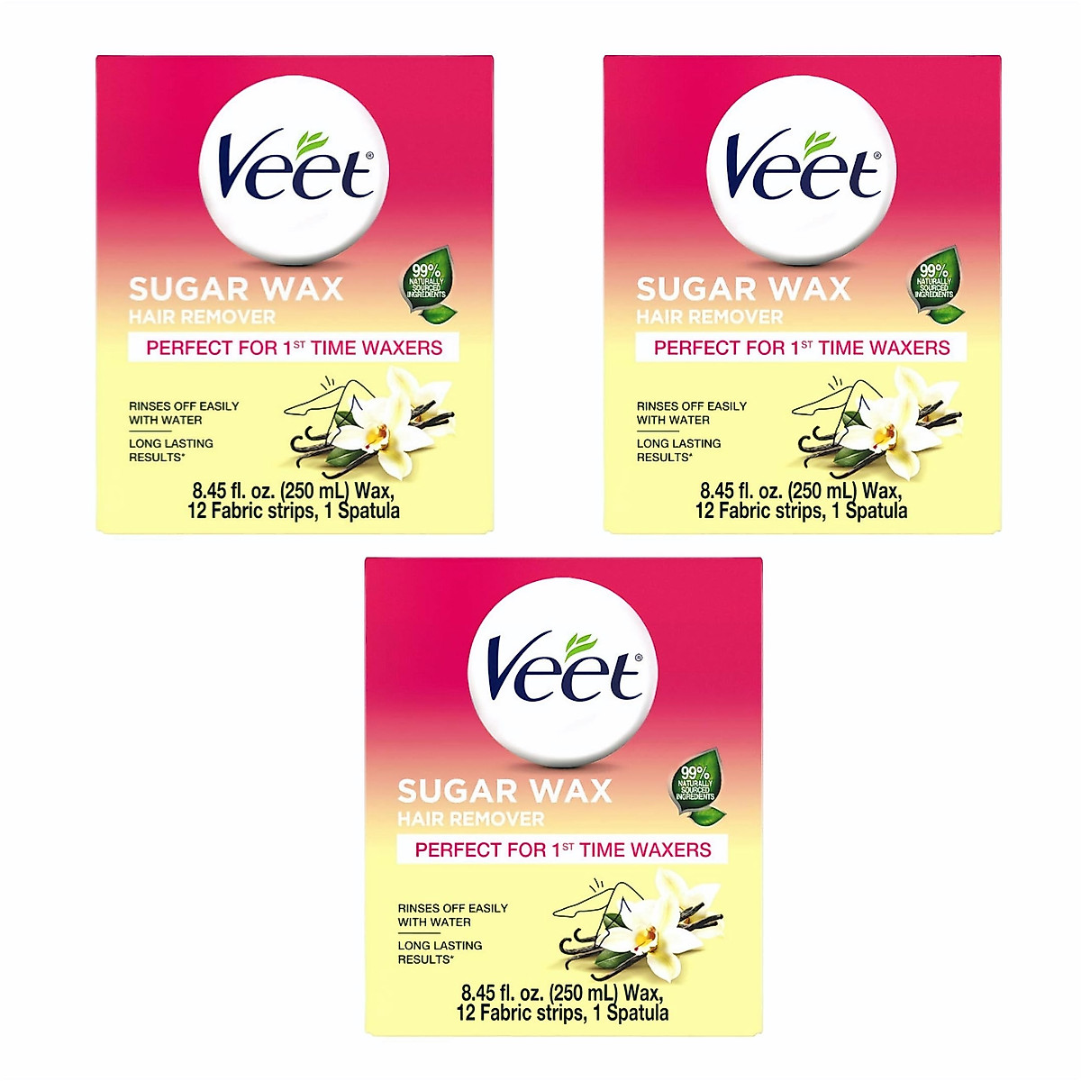 Veet Sugar Wax Hair Remover - Contains 12 Fabric Strips & 1 Spatula with a Temperature Indicator (Pack of 3)