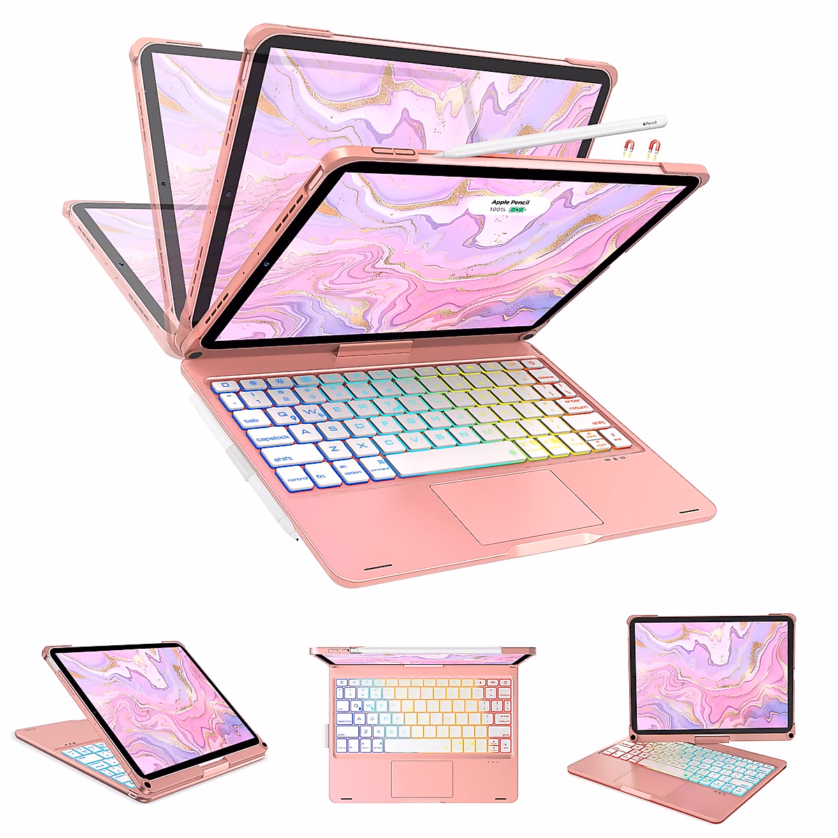 Touch IPAD Air 5th/4th Generation Case with Keyboard | Magic 360°Rotatable & Swivel Keyboard with Trackpad | 7 Color Backlit with Pencil Holder for iPad Pro 11 inch 3rd/2nd/1st Generation | Rose Gold
