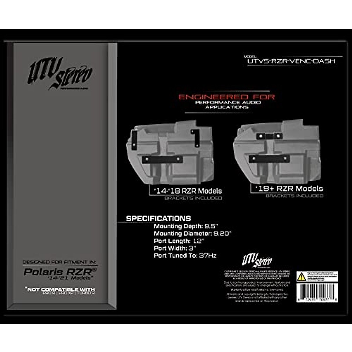 UTV Stereo RZR 10" Vented Sub Enclosure - Biggest Subwoofer Enclosure 9.5" Mounting Depth - Polaris RZR (Not for Pro XP Models)