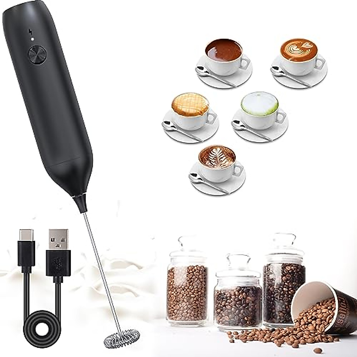Rechargeable Milk Frother Handheld Electric Whisk Beater Foam Maker, Durable Mini Drink Mixer and Coffee Blender Frother for Coffee, Latte, Cappuccino, Frappe, Matcha, Hot Chocolate, Egg (Black)