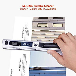 MUNBYN Portable Scanner, Photo Scanner for A4 Documents Pictures Pages Texts in 900 Dpi, Flat Scanning, Include 16G SD Card, No Driver
