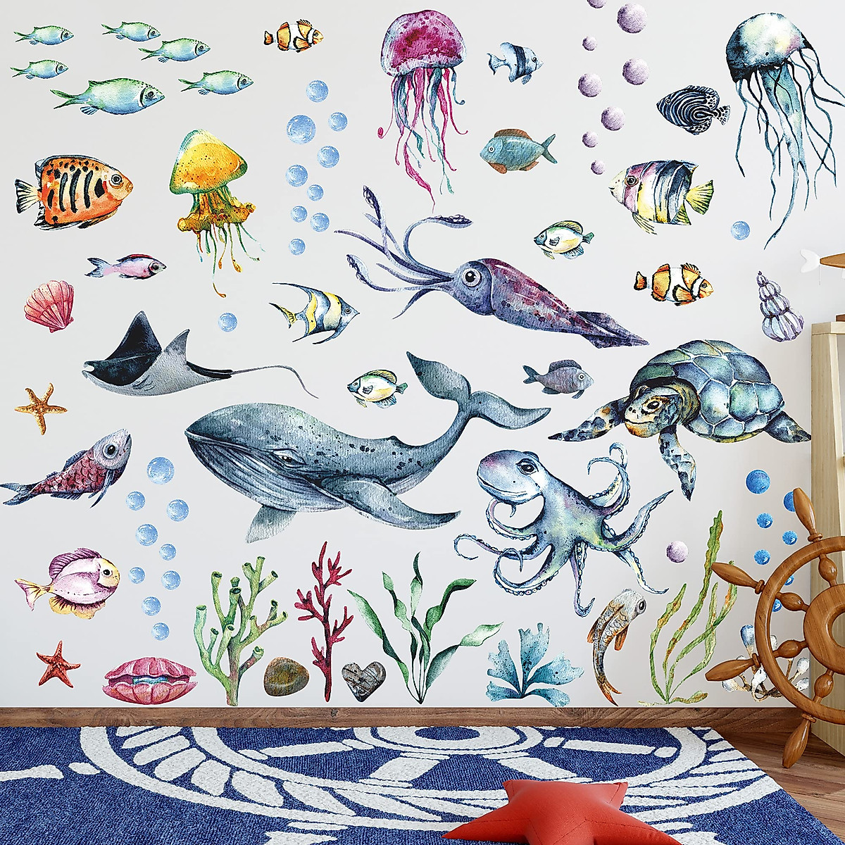 LiveGallery Ocean Life Wall Decals Under The Sea Wall Stickers Whale Jellyfish Clownfish Sea Turtle Cuttlefish Shell Seaweed Conch Coral Wall Decorations for Kids Bedroom Living Room Nursery