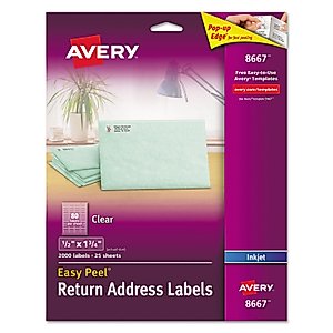 Avery 8667 Clear Easy Peel Return Address Labels, Inkjet, 1/2 x 1-3/4, 2000/PK