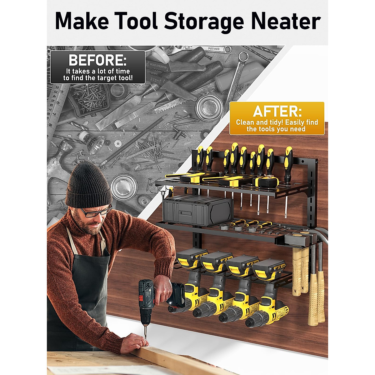 Power Tool Organizer Wall Mount, Tool Storage Rack with 4 Drill Holder, Tool Holder Bears 35lbs, Tool Shelf with Screwdriver, 3-Tier Adjustable Height Tool Rack for Garage Organization and Workshop