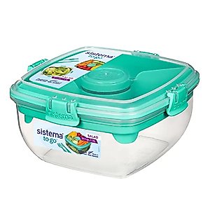Sistema Salad Container for Lunch with Dressing Container, Bento Box 4 Compartment Tray, and Cutlery, Dishwasher Safe, 37.2-Ounce (Color may vary)
