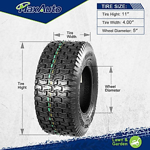 MaxAuto 2 Pcs 11x4X5 11x4.00-5 Turf Tire for Lawn & Garden Golf Cart Mower, P512 LRA