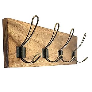 WRIGHTMART Handmade Acacia Hardwood Coat Rack with 4 Hooks, Durable Rustic Wall Mount, Versatile Hanger for Entryway, Bedroom, Bathroom, Farmhouse Boho Decor, 18" Natural Finish