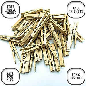 Wooden Clothespins for Crafts with Reusable Storage Bag – 50 Pack Natural Clothes Pins Heavy Duty Outdoor and Indoor Use, Moisture Resistant Laundry Clips with Strong Grip