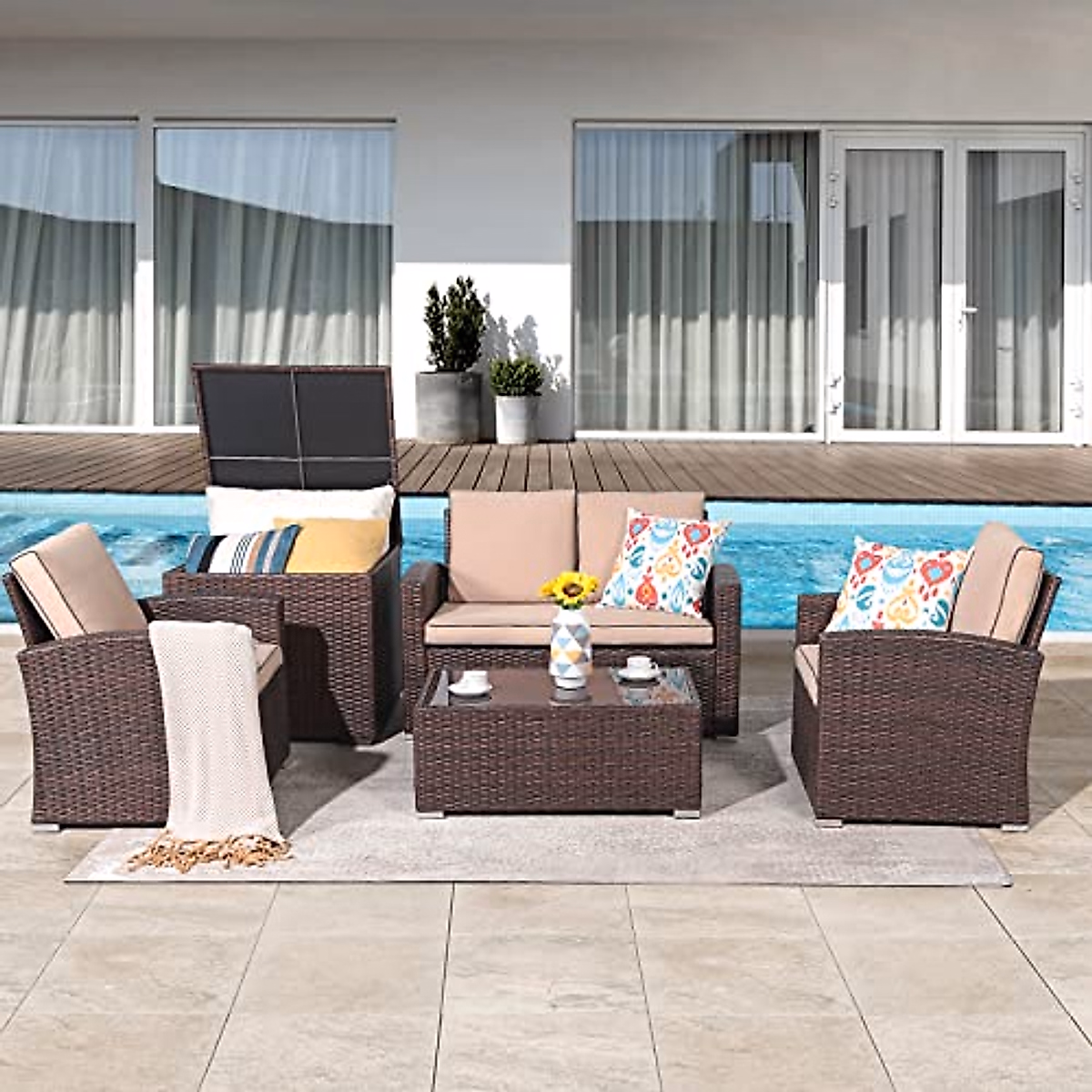 JOIVI PE Wicker Patio Furniture Set, 5 Piece Outdoor Sectional Conversation Sofa Set with Storage Box, Brown Rattan Loveseat Couch Sofa and Tempered Glass Table, Beige Cushions