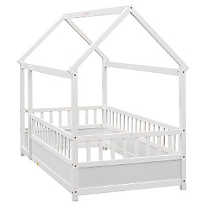 Montessori Floor Bed Twin Size, Twin Montessori Bed with Fence, Twin Size House Bed for Kids, Girls, Boys, Twin Floor Bed White, 80" L x 45" W x 66" H