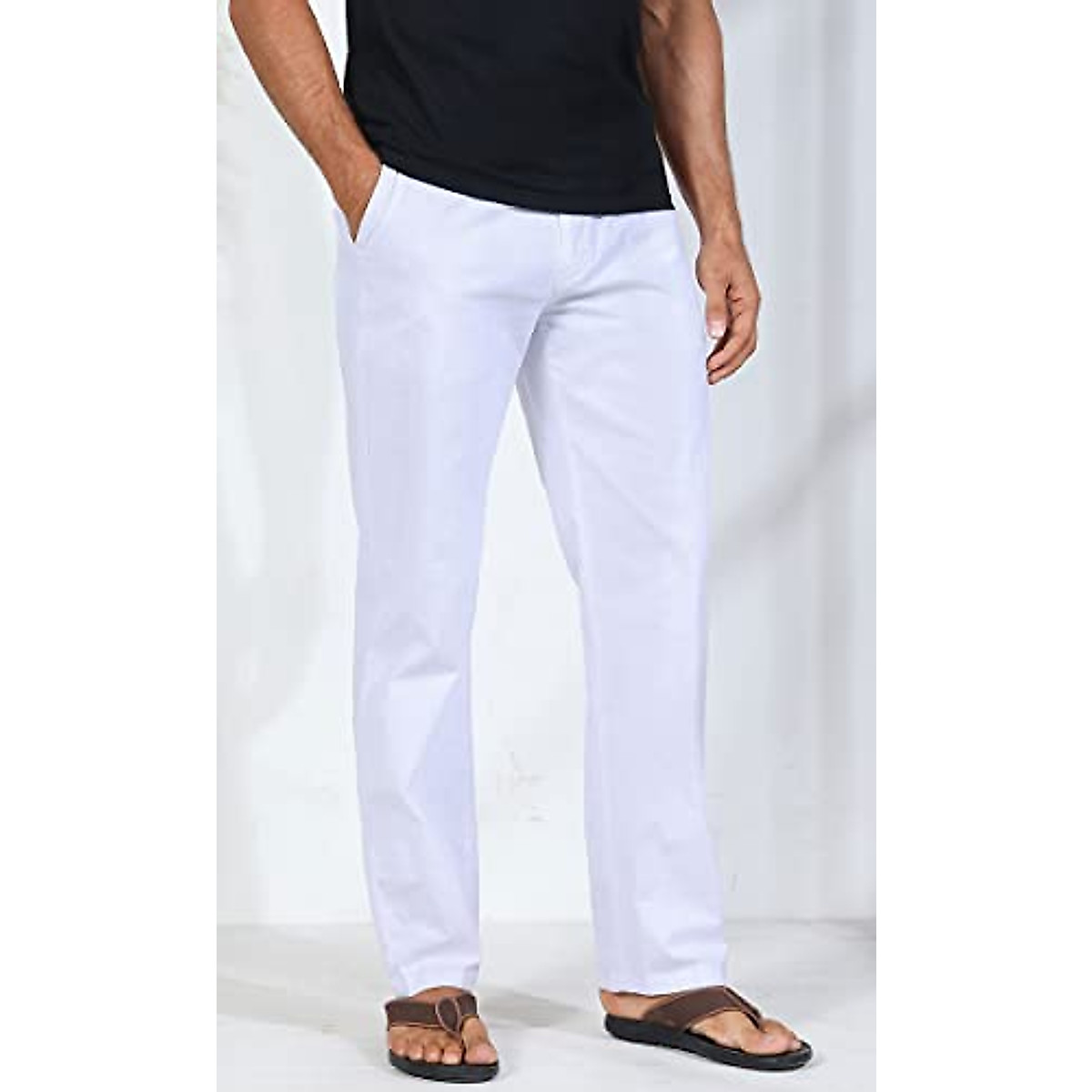 Soojun Men's Casual Linen Blend Relaxed Fit Straight Legs Elastic Waist Pants, White, 38W x 32L