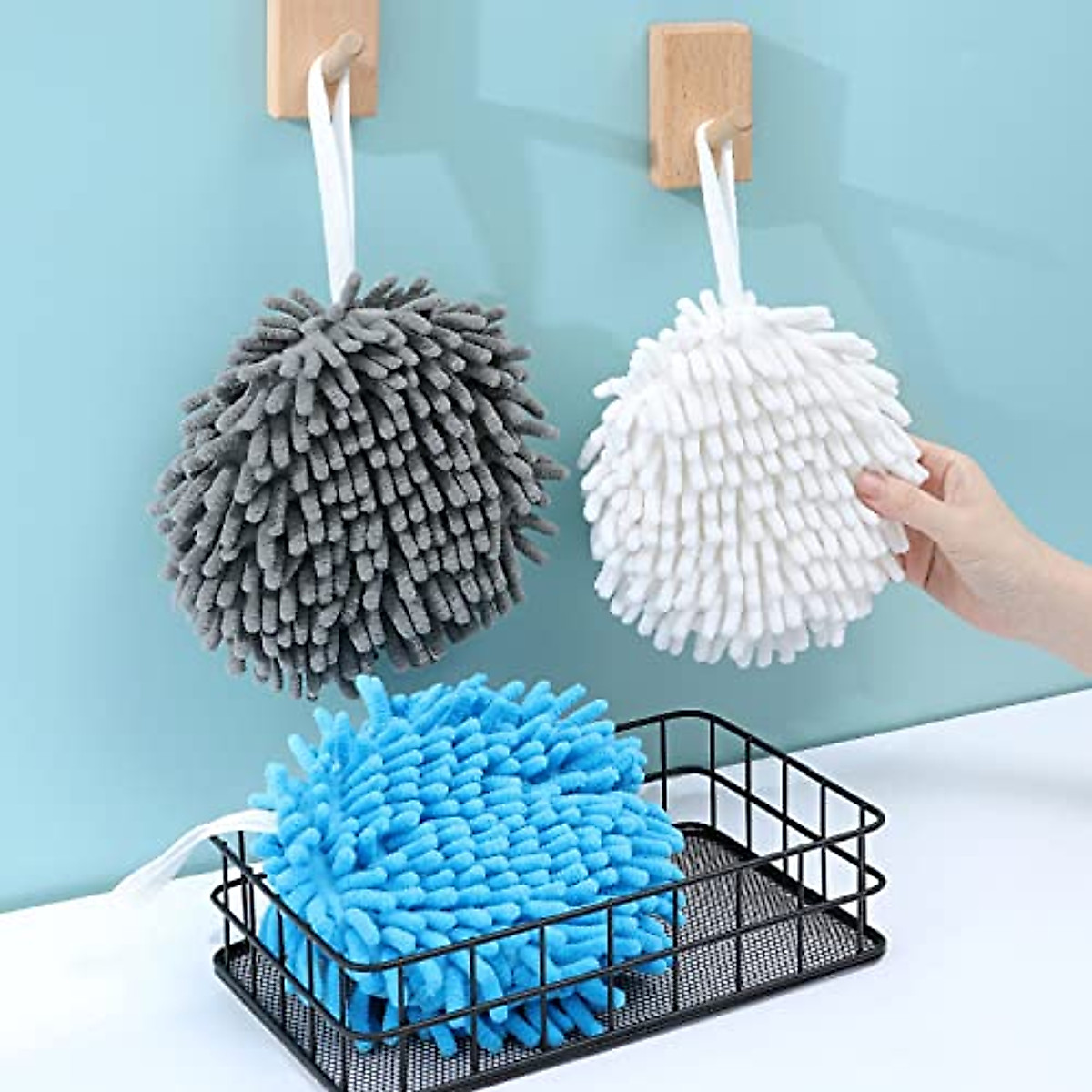 Emivery 3 Pack Chenille Hand Towels Soft Absorbent Microfiber Hanging Ball Towel Bathroom Kitchen Hand Drying Towels Wipe Cleaning