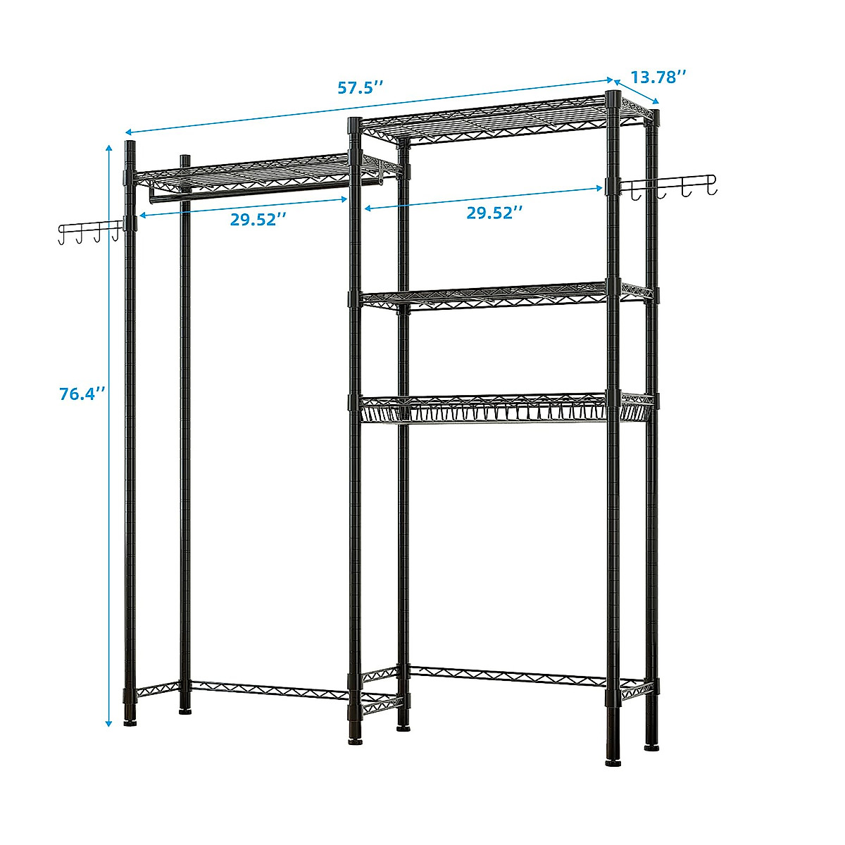 Karl home Over The Washer Dryer Storage Shelf, Heavy Duty Clothes Drying Rack Freestanding Laundry Room Bathroom Organization with Wire Shelves Wivel Hooks, 57.5" L x 13.78" D x 76.4" H