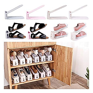 Queenbox Adjustable Shoe Slots Organizer 3-Level Height Plastic Double Layer Foldable Shoe Holder Mini Shoe Racks Space Saver Storage for High Heels Closets,Apricot 8 PCS