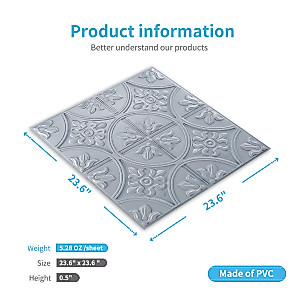 Art3d Drop Ceiling Tiles 2x2, Glue-up Ceiling Panel, Fancy Classic Style in Gray