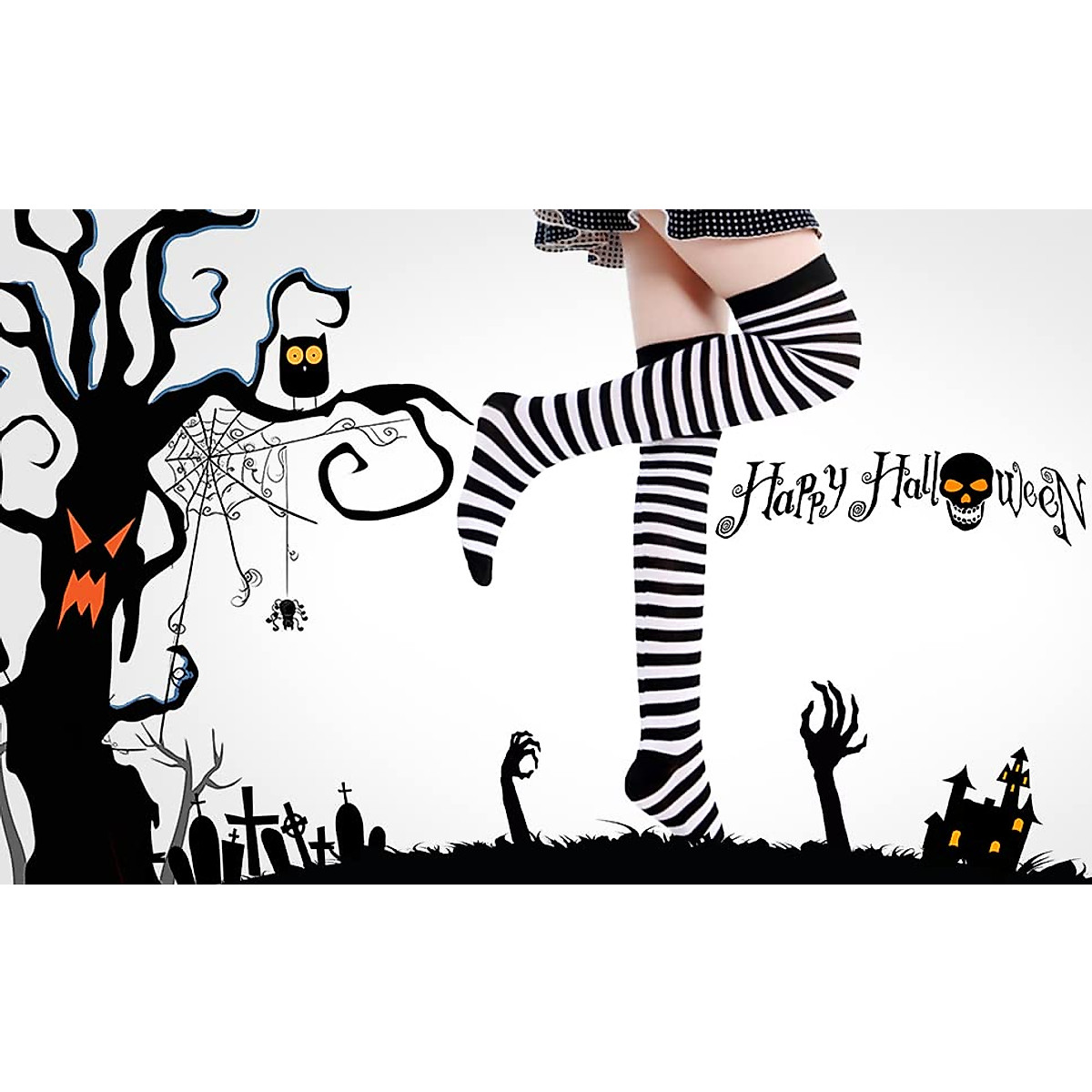 ZIXIANNIU Halloween Womens Long Socks Striped Thigh High Socks Cotton Over the Knee Socks Leg Warmers Christmas stockings (Black)