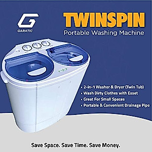 Garatic Portable Compact Mini Twin Tub Washing Machine w/Wash and Spin Cycle, Built-in Gravity Drain, 13lbs Capacity For Camping, Apartments, Dorms, College Rooms, RV’s, Delicates and more