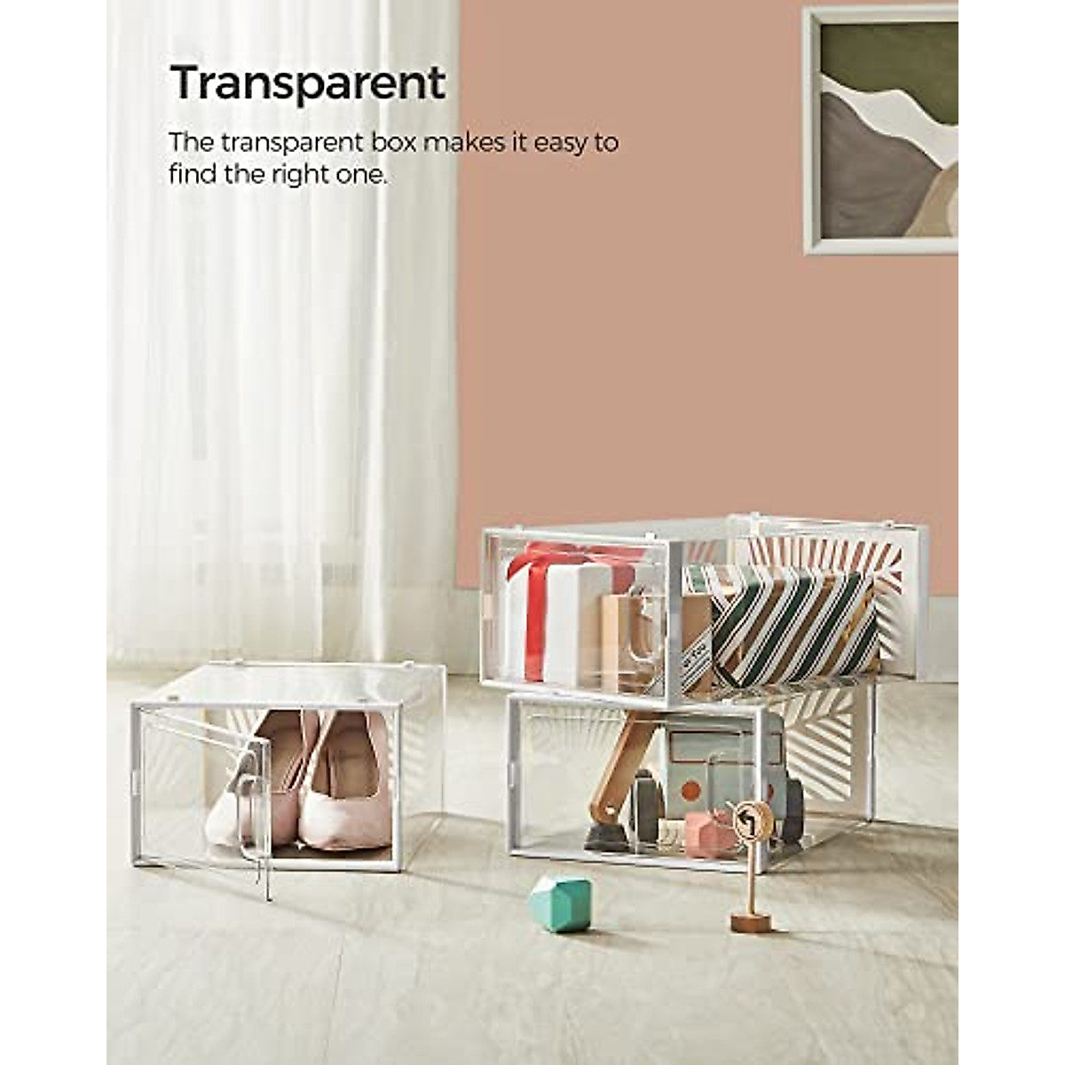 SONGMICS Clear Shoe Boxes, Set of 18 Stackable Plastic Shoe Organizer, Breathable and Foldable Display Storage Bins, for Max. US Size 11, Sneakers, Transparent and White ULSP106W18