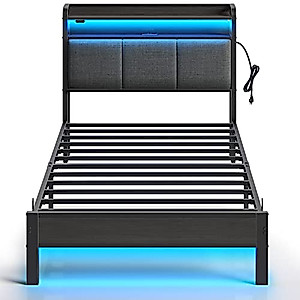 Rolanstar Bed Frame Twin Size with Charging Station and LED Lights, Upholstered Headboard with Storage Shelves, Heavy Duty Metal Slats, No Box Spring Need, Noise Free, Easy Assembly, Dark Grey