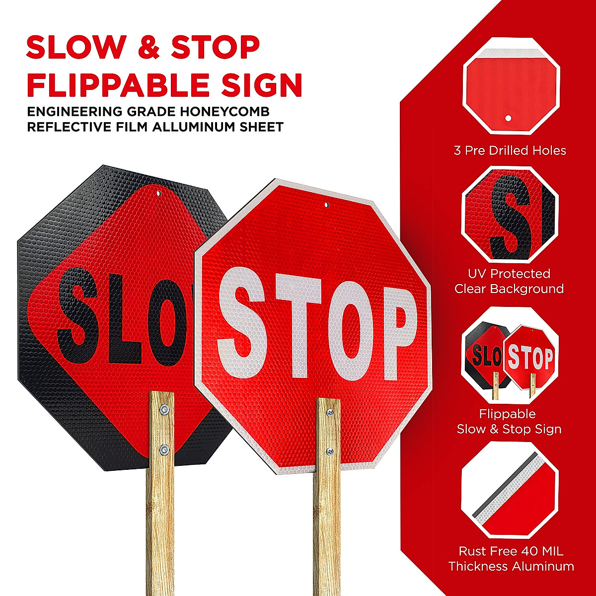 OLANZU Handheld Stop Slow Sign with Wooden Handle - 12" x 12" Double sided Crossing Guard Stop Sign - Honeycomb Reflective Road Sign,Aluminum Sign - Easy to Install