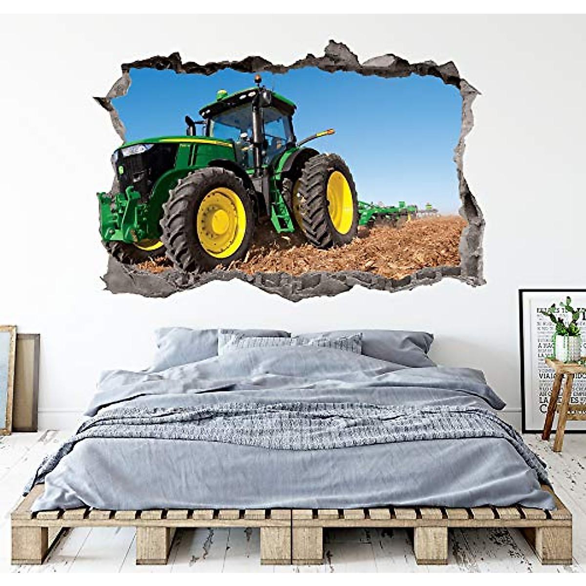 Green Tractor Wall Decal Art Decor 3D Smashed Concrete Farm Sticker Kids Bedroom Mural Custom Gift UP26 (24"W x 16"H)