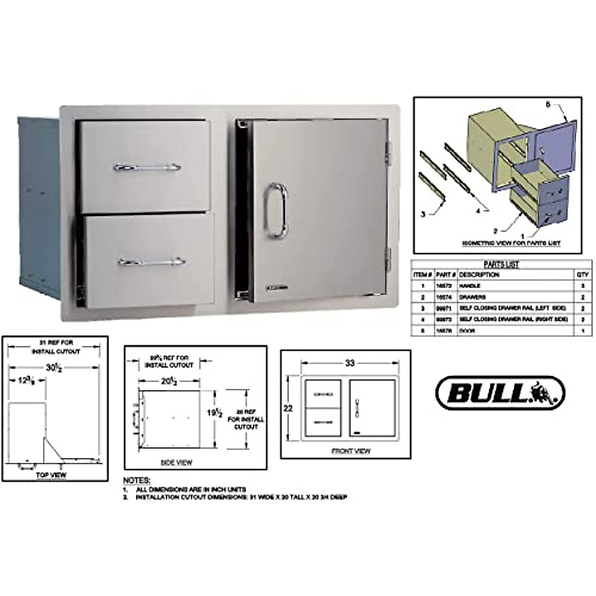 AMS Bull Grill 30" Angus BBQ Grill with Bull Single Side Burner, 30'' Door/Drawer Combo, Single Drawer, Sink and Cover… (Liquid Propane) FREE Bio-Ethanol Table-top Fire pit