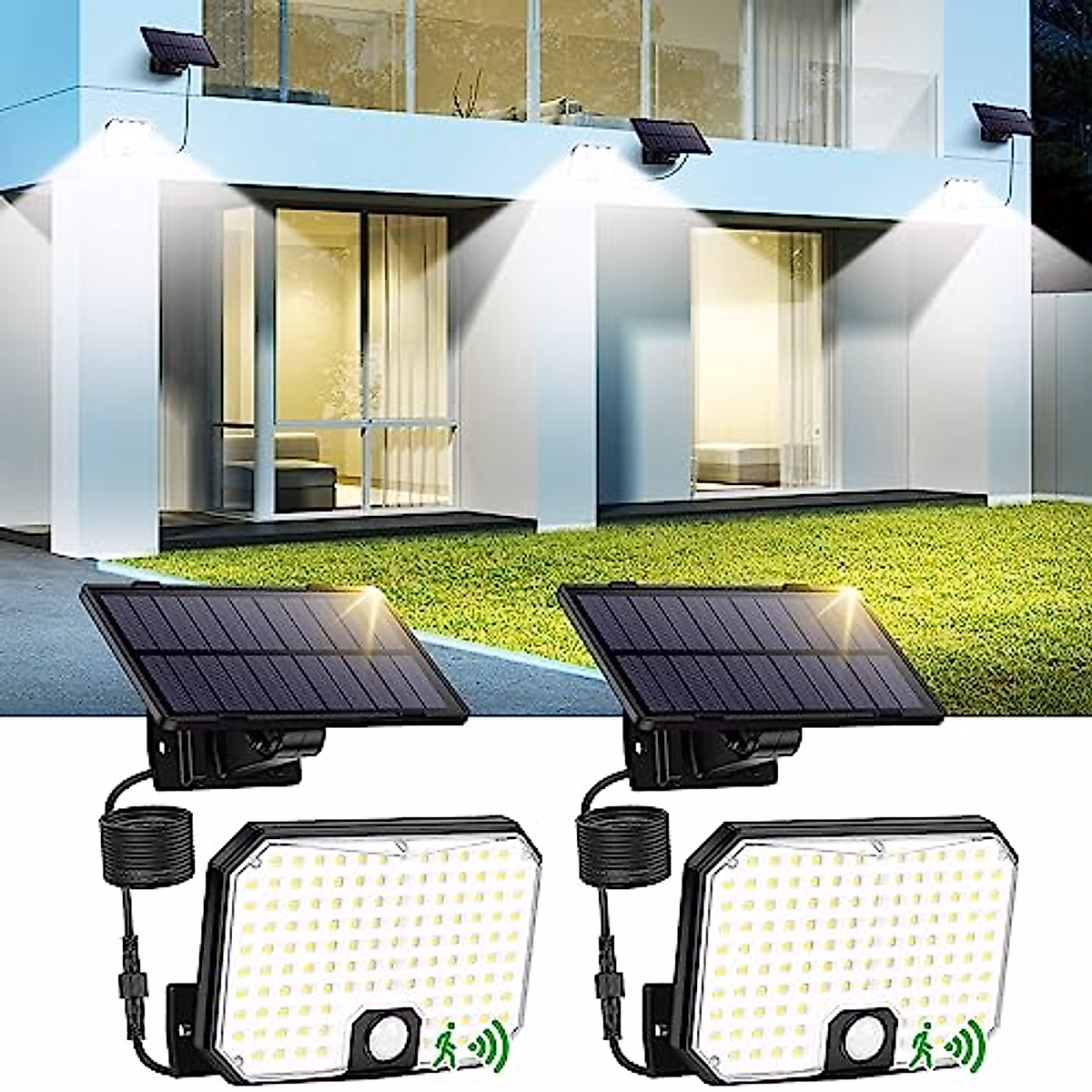 Solar Outdoor Lights, Motion Sensor Dusk to Dawn Wall Lights Waterproof, LED Outside Solar Powered Security Flood Light Fixtures 3 Modes with 16FT Cable for Front Door Porch Shed Barn Garage, 2 Packs