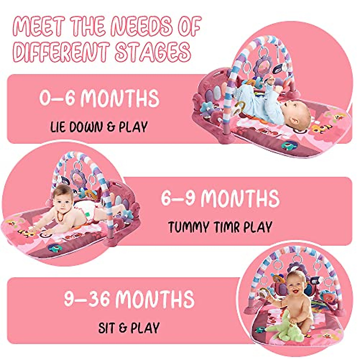 PWTAO Baby Play Mat Baby Musical Activity Gym Mat Kick and Play Piano Gym Early Development Activity Centers with 5 Hanging Toys Boy & Girl Gifts for Newborn Baby 0 to 3 6 9 12 Months
