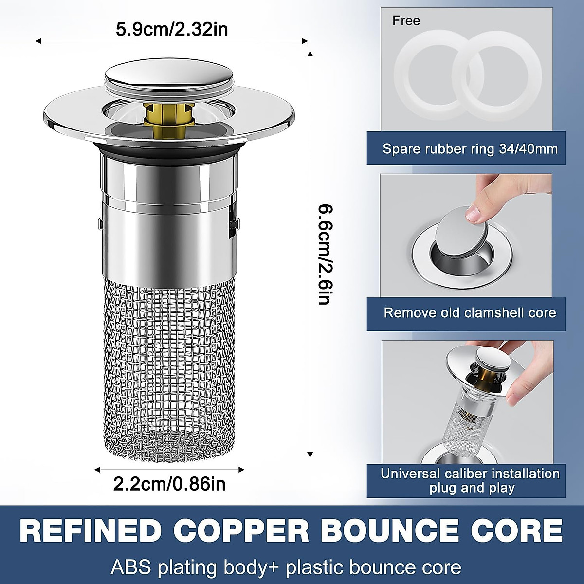 Pop Up Sink Drain Filter,Universal Bathroom Sink Stopper,Basin Sink Plug with Removable Stainless Steel Filter Basket Hair Catcher for US Bathroom Sink Stopper Replacement,Floor Sink Drain Strainer