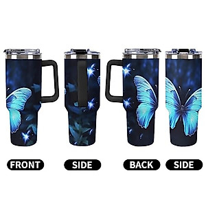 Blue Butterfly Insulated Stainless Steel Travel Mug, 40 Oz Tumbler with Handle And Straw Double-Wall Vacuum Coffee Cup, Leak-Proof Lid, Keeps Drinks Hot/Cold for Hours