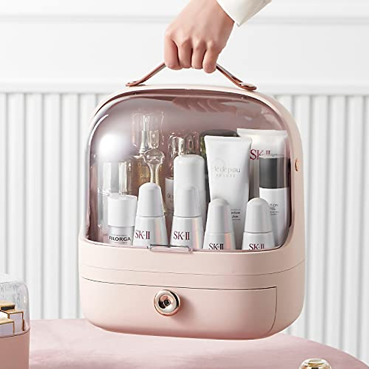 MIUOPUR Large Makeup Organizer with Brush Holder, Cosmetic Display Case with Drawer, Waterproof and Dustproof Transparent Cover, Portable Handle, Suitable for Bathroom and Bedroom -Pink