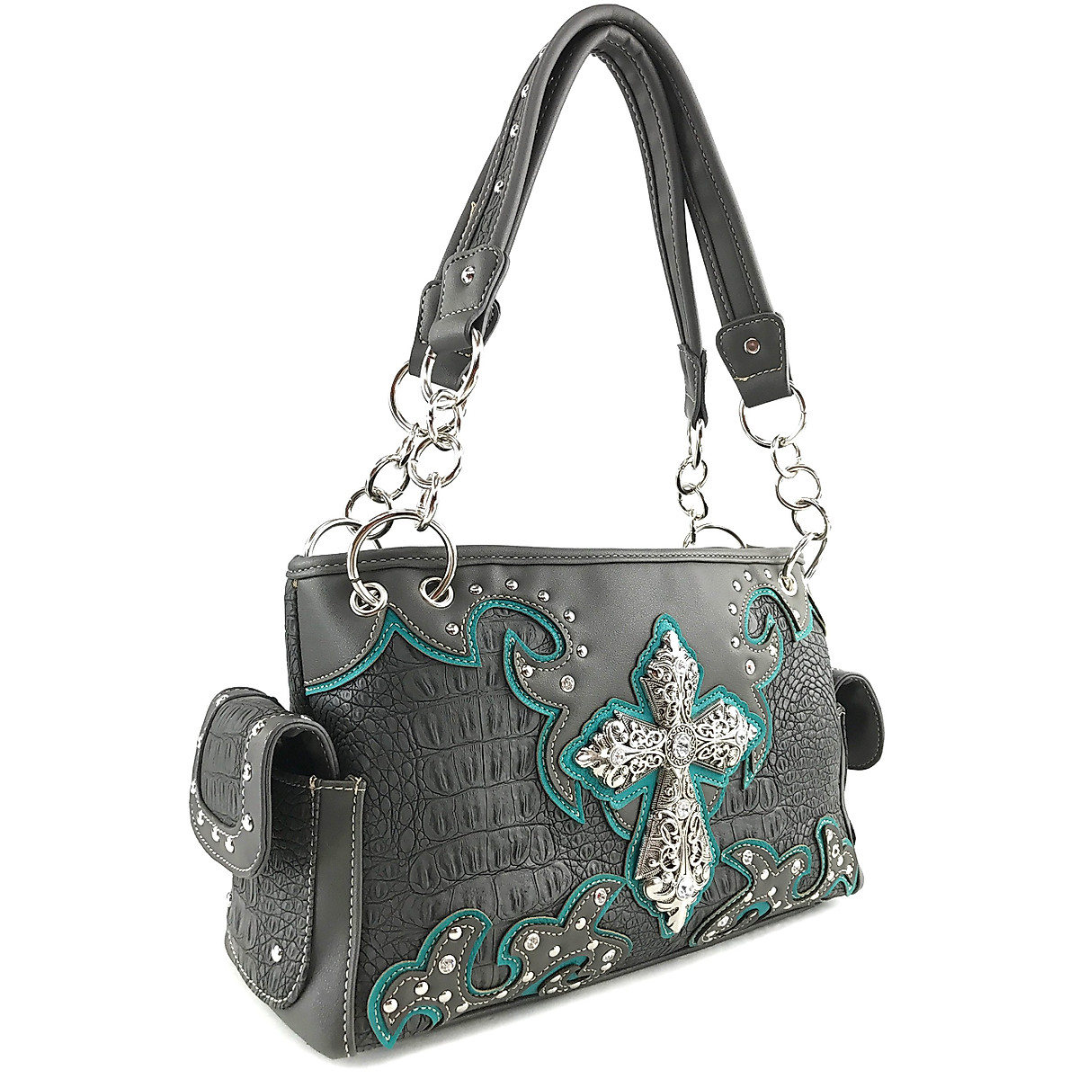 Justin West Concealed Carry Western Croc Cross Duo Color Shoulder Handbag Purse (Silver Handbag Wallet Set)