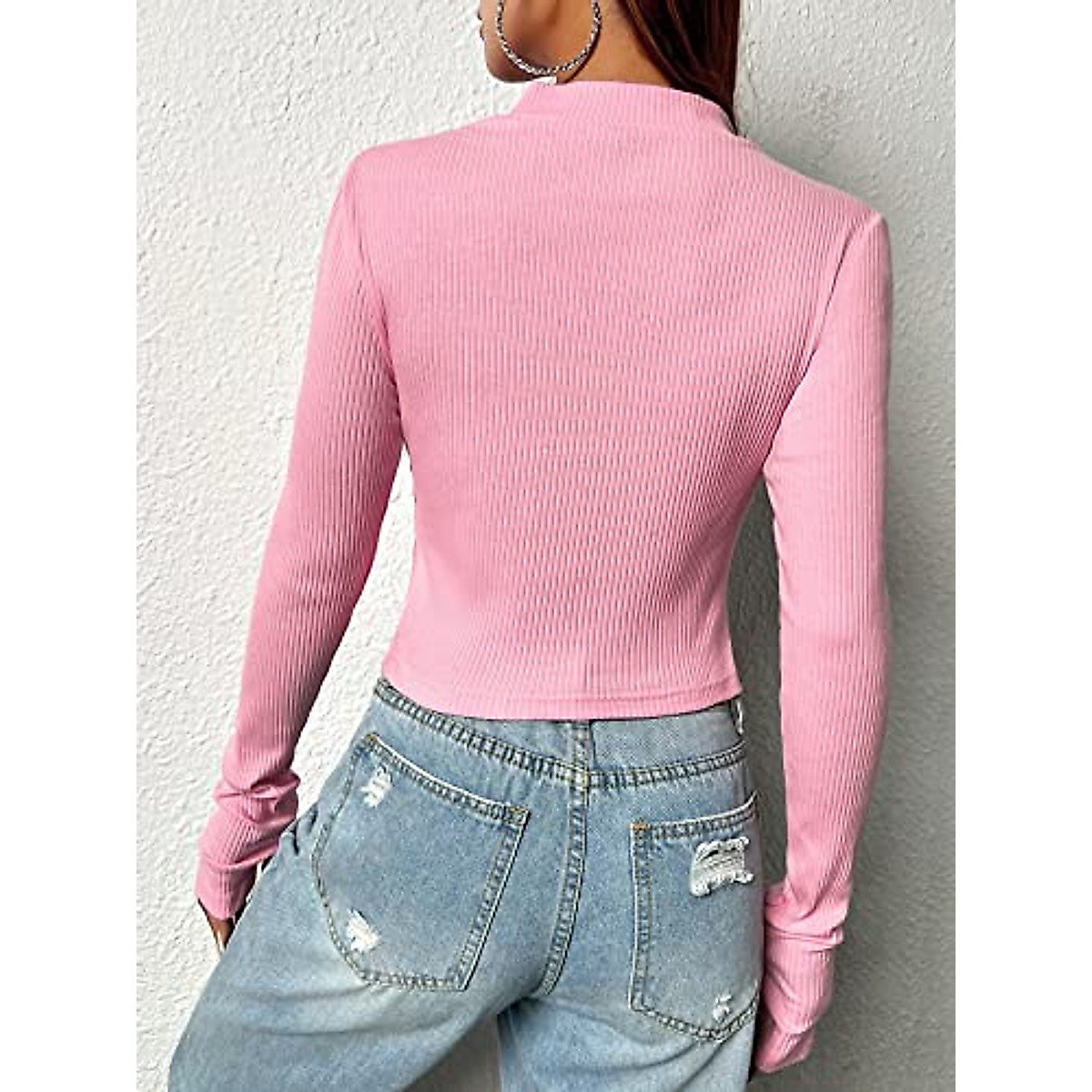 SOLY HUX Women's Zip Up Mock Neck Long Sleeve Crop Tops Casual Tee T Shirts with Thumb Hole Solid Pink S