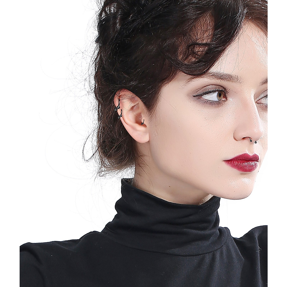 ORAZIO 12Pcs 14-16G Stainless Steel Nose Rings Septum Piercing Cartilage Horseshoe Earring Body Piercing 6MM-16MM Black And Silver Tone