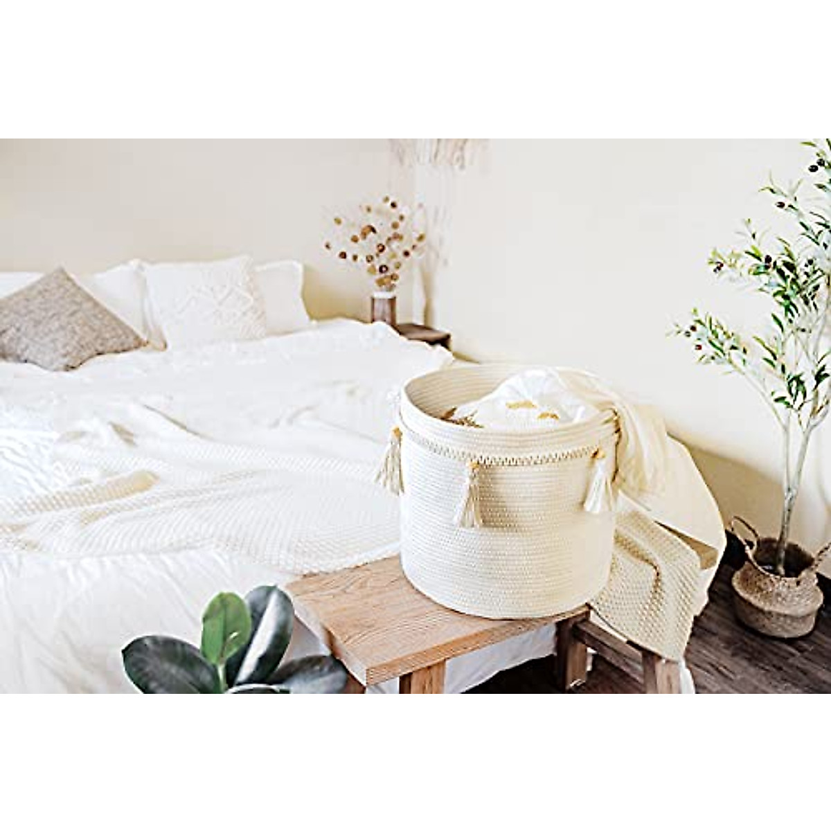 Mkono Macrame Decorative Cotton Rope Basket Boho Cute Woven Tassel Closet Storage Bins Organizer for Nursery,Baby Toys,Blankets,Magazines, Potted Plants Cover,Living Room,Bedroom Home Decor 15"x 14"