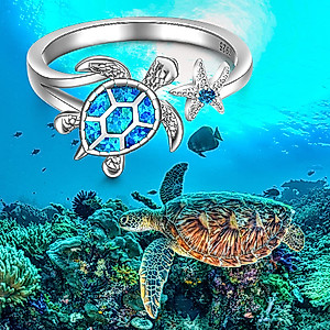 Fenthring Opal Ring Sea Turtle Rings Blue Opal Sterling Silver Adjustable Turtle Jewelry Starfish Good Luck Longevity Gifts Size 8