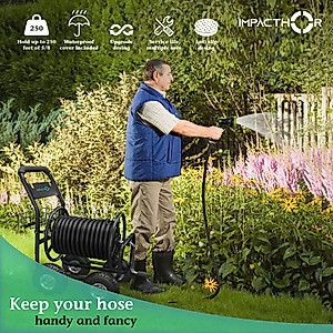 IMPACTHOR Garden Hose Reel Cart - 4 Wheels Heavy Duty Hose Cart, Nozzle & Waterproof Cover Cart Included - Holds up to 250 Feet 5/8 Inch Hose