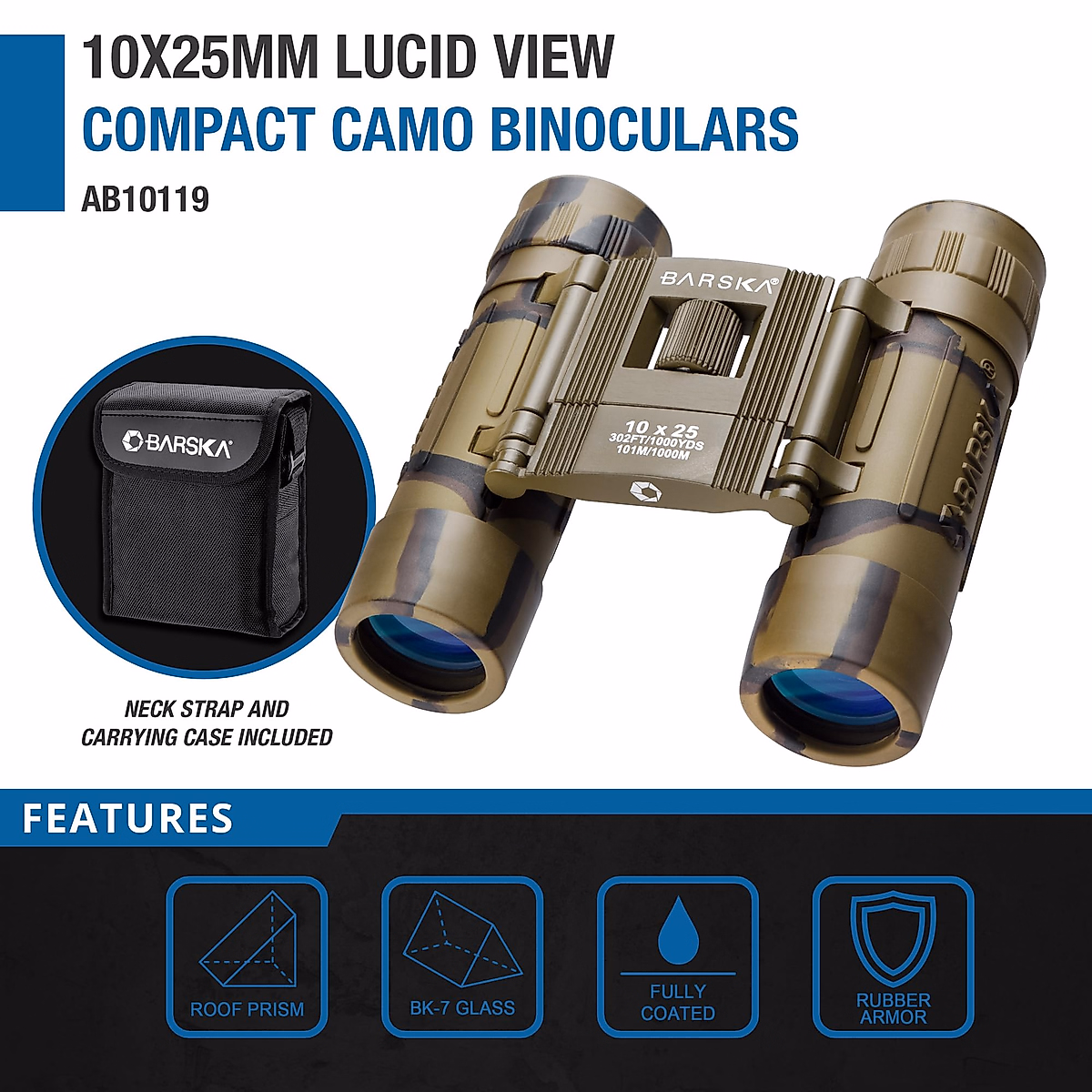 Barska Lucid View 10x25 Camo Compact Binoculars for Outdoor Travel Hunting Hiking Events