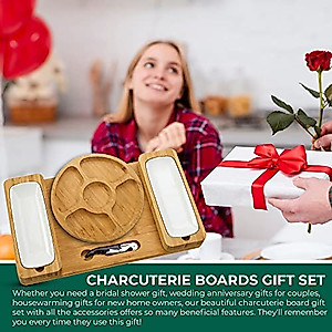 Bamboo Cheese Board Set - Charcuterie Boards Serving Platter - Magnetic Removable Side Boards - Gift for Housewarming, Anniversary, and Birthdays - Total of 3 Boards, 1 Round Tray, Wine Opener + Forks