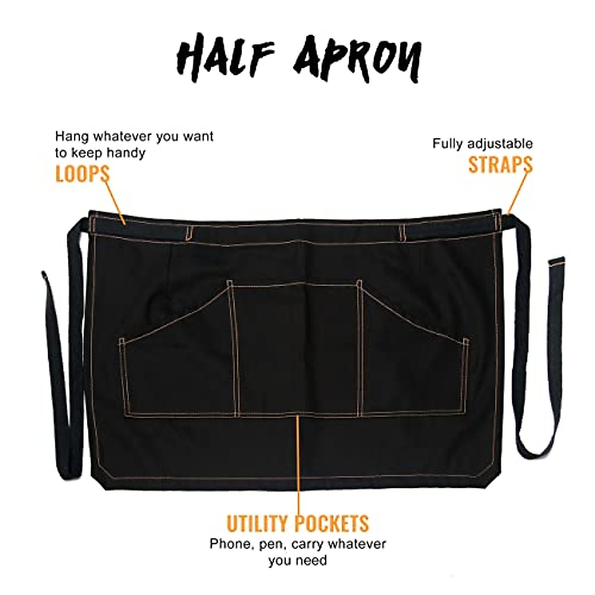 Under NY Sky Half Deep Black Apron with Durable Twill – Bistro Apron, Waist Apron adjustable for Men and Women – Professional Barista, Bartender, Mixologist, Florist, Server Aprons