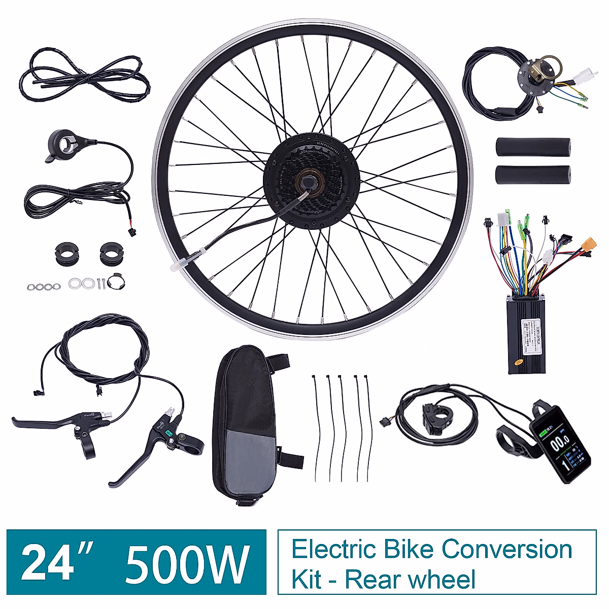 24" E-Bike Conversion Kit 36V 500W E-Bike Rear Wheel Motor Kit w/Display & Pedal Sensor, Brushless Gear Motor, 5 Speed Controls